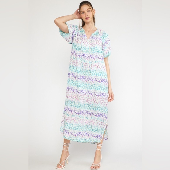 entro | Dresses | Entro Colorblock Animal Print Vneck Puff Sleeve Maxi ...
